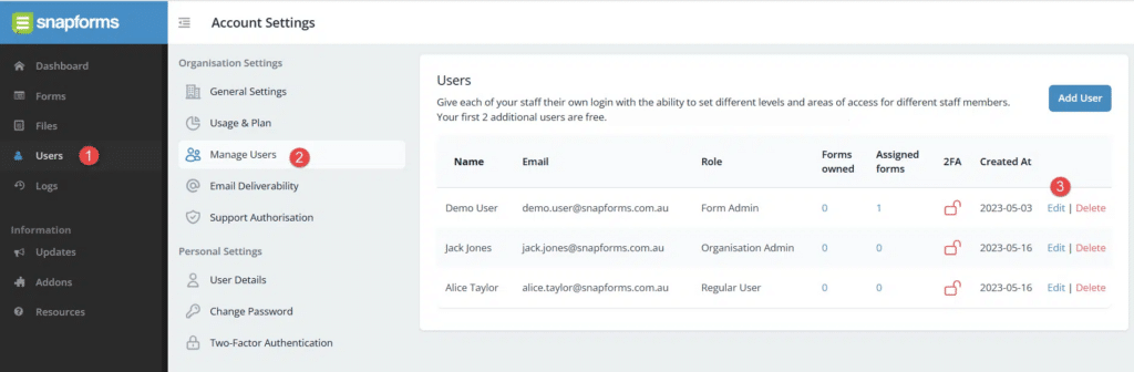 User management - Snapforms Resources & FAQs