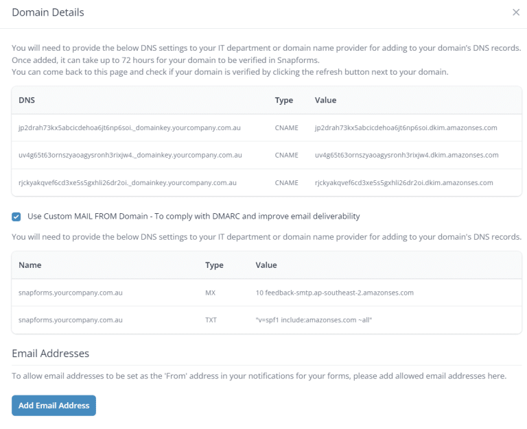 Custom sender domain for auto-reply emails - Snapforms Resources & FAQs